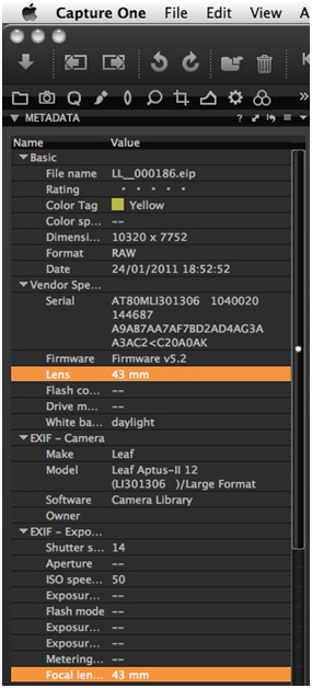 メタデータにメカニカルレンズの焦点距離を記録する: Phase One Japan デジタルバック通信